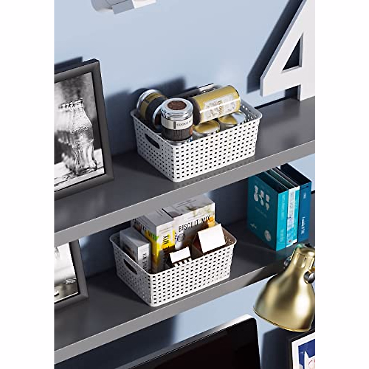 Woven Plastic Storage Baskets, 6 Pack White Weave Bins Organizer, 10.1" x 7.55" x 4.1"