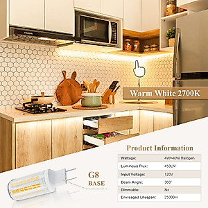 DiCUNO G8 LED Bulb 4W Flat Base, 40W Halogen Equivalent, 450LM, Warm White 3000K, Non-dimmable Bi-Pin Replacement Bulb for Under Counter, Under-Cabinet Light and Puck Light, 6-Pack