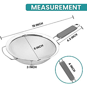 Kafoor 9" Large Extra Fine Mesh Strainer with Thermo Plastic Rubber Handle - Sieve Fine Mesh Stainless Steel - Ideal to Strain Pasta, Quinoa and Rice