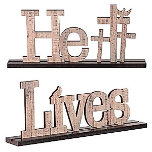 2 Pieces Easter Religious He Lives Table Top Decoration Easter Wooden Table Sign Easter Jesus Cross Inspirational Ornament Rustic Tabletop Decoration for Easter Party Holidays