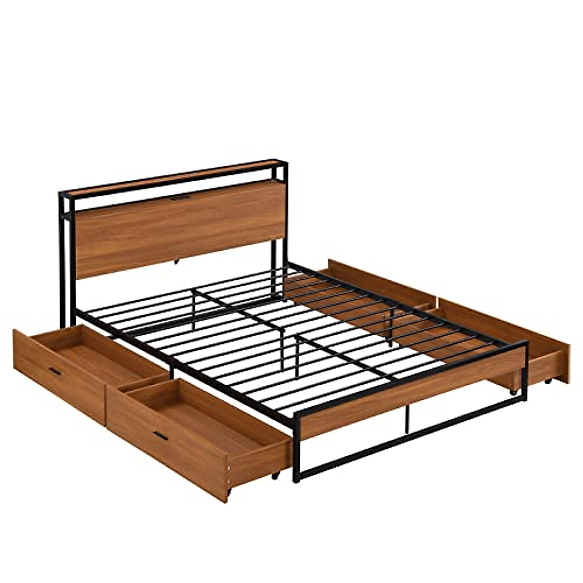 Banemi Queen Bed Frame with Drawers, Queen Size Platform Bed Frame Black Metal Bed Frame with Four Drawers Sockets and USB Ports Slat Support