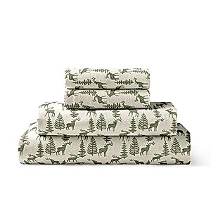 Brielle Home Flannel Sheet Set Cotton Soft Warm & Cozy Modern Chic with Elastic Deep Pockets, Full, Deer Ivory