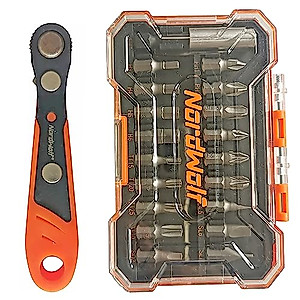NordWolf 20-Piece Low Profile Mini Reversible Ratchet Wrench and Bits Set, Includes Square Head/Phillips/Pozidrive/Torx Security/Hex/Slotted Bits in Storage Case