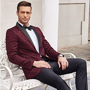 COOFANDY Men's Floral Tuxedo Suit Jacket Dinner Jacket Party Prom Wedding Blazer Jackets, Wine Red, XX-Large