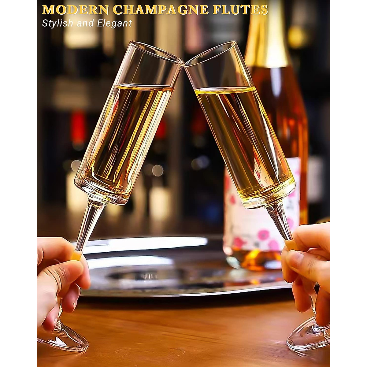 Physkoa Square Champagne Flutes Glass Set of 6-6.5 oz - Hand Blown Crystal Champagne Flutes - Modern Edge Champagne Glasses - Wedding Champagne Flutes Set - Gift for Birthday,Christmas,Party