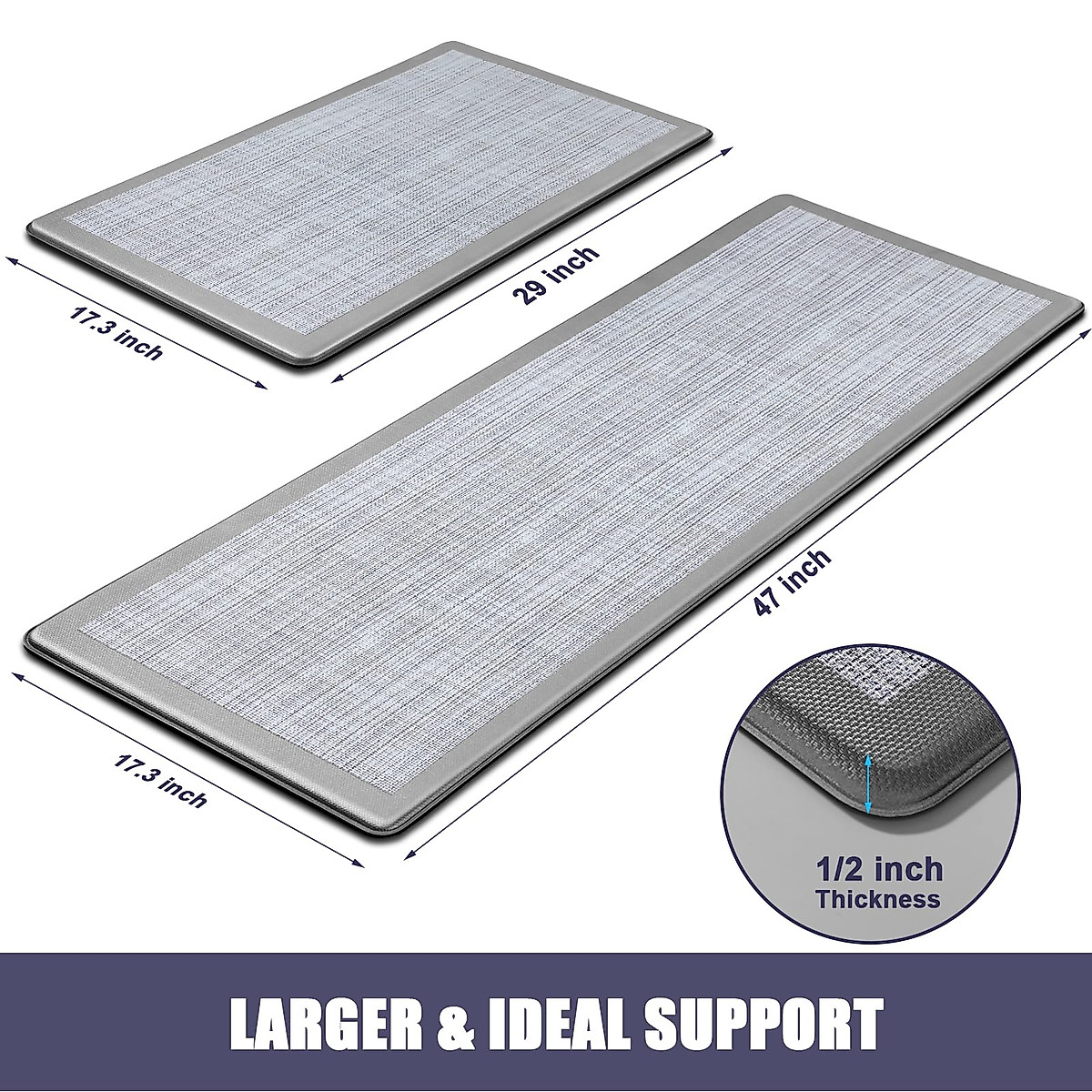 WEZVIX Anti Fatigue Kitchen Mat [2 PCS], Cushioned Kitchen Rugs and Mats Non-Skid, Waterproof Floor Mat, Ergonomic Comfort Foam Standing Mat for Floor, Kitchen, Office, Sink, Laundry - Grey and Grey