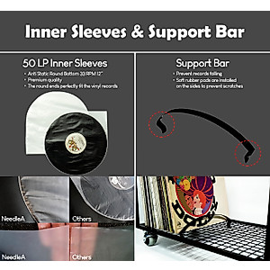 NEEDLEA Vinyl Record Holder Storage Up to 120 LP - Sturdy Metal Frame Crate Moving Box with Wheels - Stylish Display Rack Organizer for Vinyl Album in Home Office