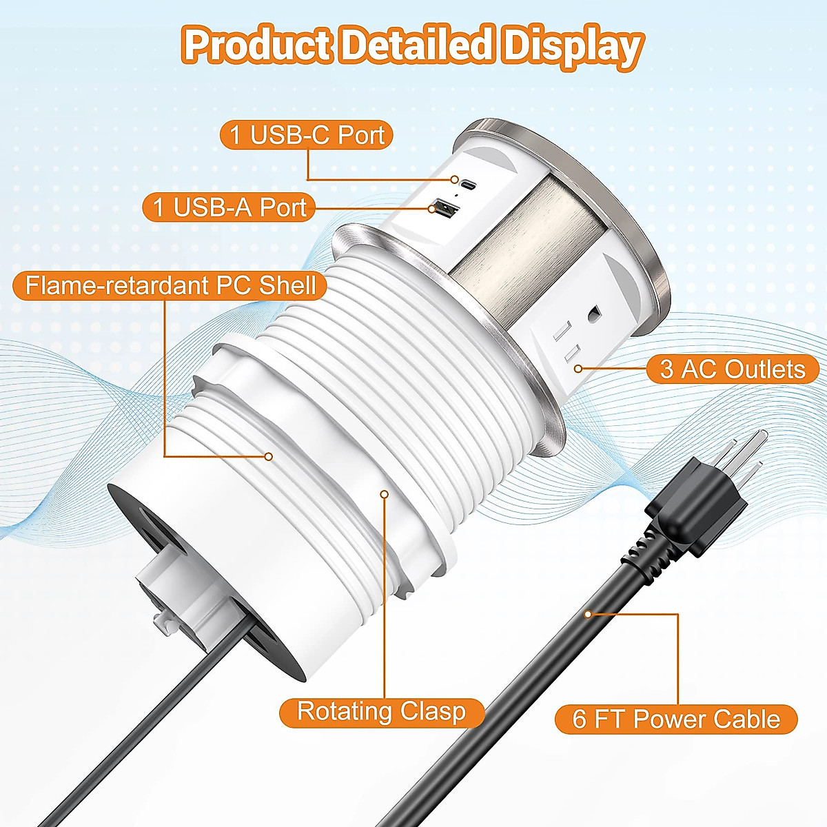 Pop Up Outlet for Countertop, Retractable Recessed Power Strip with 3 Outlets 1 USB A 1 USB C Port, Automatic Pop Up Outlet for Office Kitchen Island, White