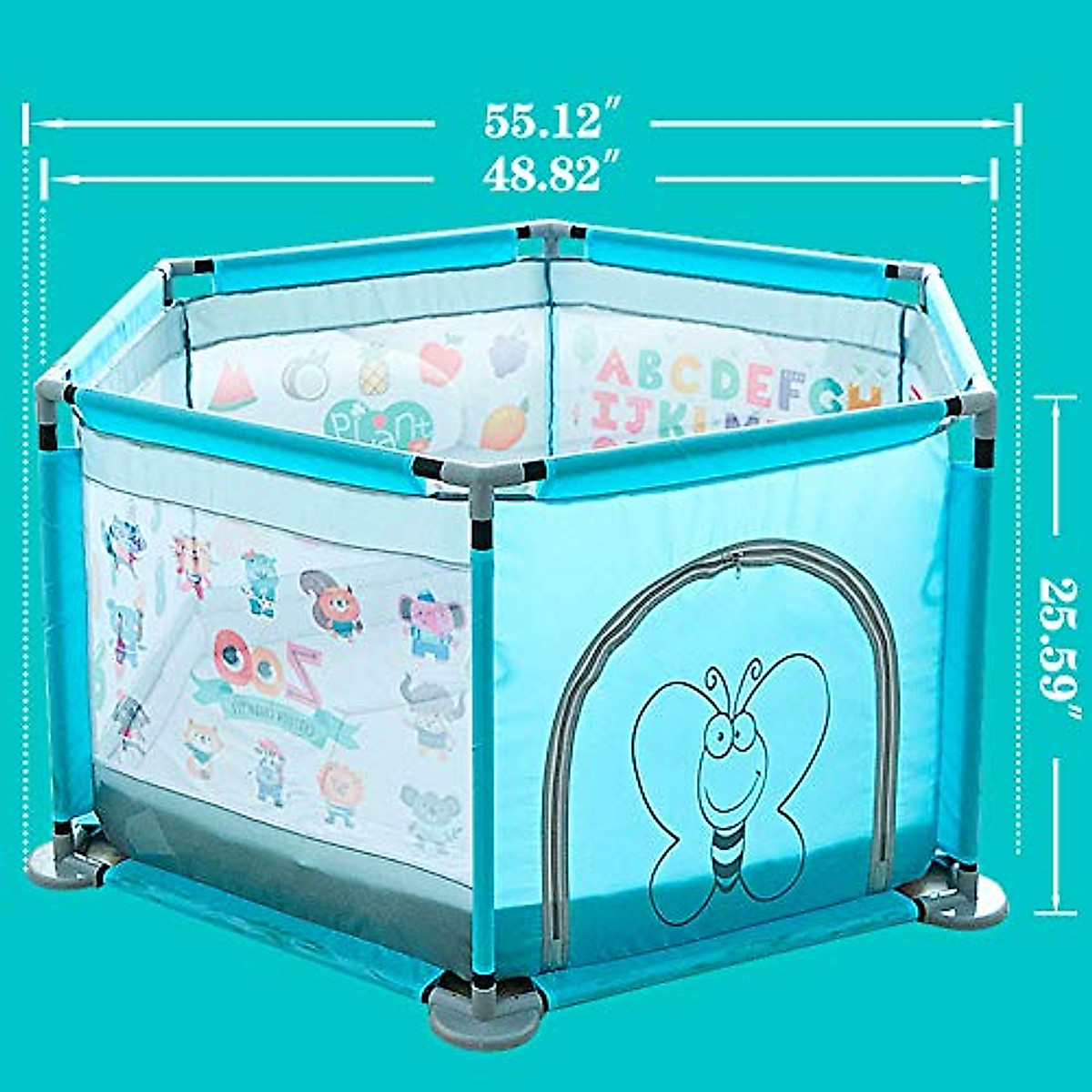 WAOWAO Baby Playpen Portable Large Playard Indoor & Outdoor Kids Activity Center with Sturdy Safety Play Yard with Mesh and Learning Pattern,Kid's Fence for Infants Toddlers (Blue, 47.24"(with mat))