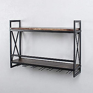 MBQQ Rustic Wall Mounted Wine Racks with 7 Stem Glass Holder,30in Industrial Metal Hanging Wine Rack,2-Tiers Wood Shelf Floating Shelves,Home Room Living Room Kitchen Decor Display Rack,Retro Black