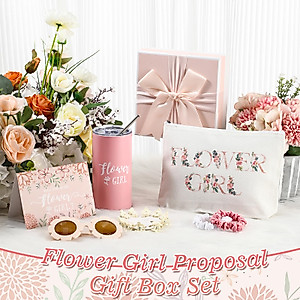 Sieral 16 Pcs Flower Girl Gift Flower Girl Tumbler with Straw Bridesmaid Gifts Flower Girl Proposal Box Bow Canvas Bag Sunglasses Hair Scrunchies Hair Clips Proposal Card for Wedding Birthday Party
