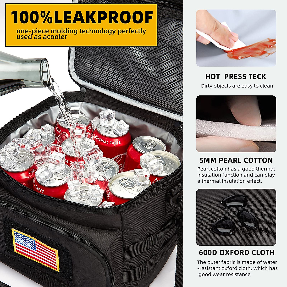 UMUFUKA Lunch Box for Men, Tactical Lunch Cooler Tote,Insulated Lunch Bag Adult, With Detachable MOLLE Water Bottle Pouch, Men Leakproof Lunch Bag for Work Picnic (Black)