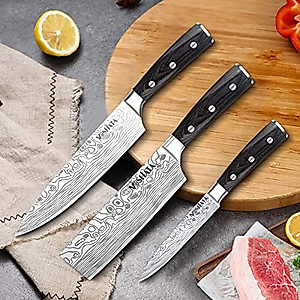 MOSFiATA Professional Chef Knife Set with German High Carbon Stainless Steel Kitchen Knife Set 3 PCS-8" Chefs Knife &7" Nakiri Knife&5" Utility Knife, Knives Set for Kitchen with Gift Box