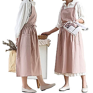 Funwaretech Cross Back Art Apron with Pockets Apron for Women Girls,Japanese Cute Cotton/Linen Cooking Gardening Painting Cleaning Florist Pottery Pinafore Apron with Waist Ties-Pink
