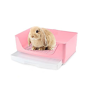 Baffect Rabbit Litter Box, Plastic Bunny Toilet Box with Removable Tray, Guinea Pig Corner Litter Cage for Small Adult Pet (Pink)