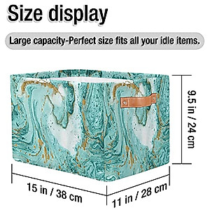 Turquoise Marble Texture Storage Baskets Bin, Teal Marble Collapsible Canvas Fabric Storage Bin Decorative Baskets Toy Organizer Rectangle Storage Boxes with Handles for Home Shelves Nursery,1Pack