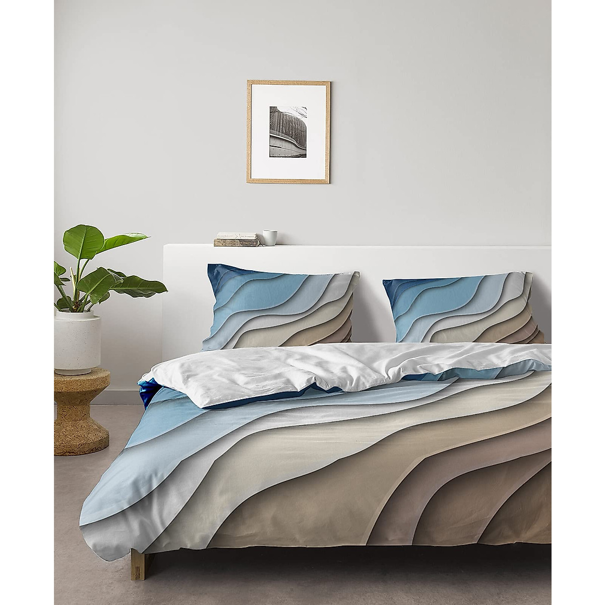 4 Pieces Duvet Cover Bedding Set Cal King Ultra Soft Quilted Luxury Washed Comforter Bedspread Bed Sheet Pillowcases Modern Bule Brown Wave Gradient for Bedroom Decor Geometric Abstract Art