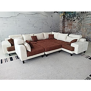 Stendmar 5pc Reversible Multifunction 2-Tone Natrual and Dark Brown Espresso Microfiber Fabric Big Sectional Couch Sofa S150DNE
