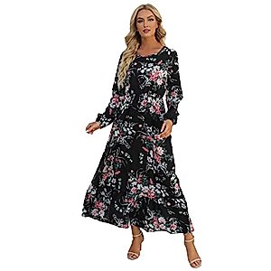 High Waist Smocked Flowy Tiered Mixi Dress Comfy Long Sleeve T Shirt Dress Casual Sexy Basic Fitted Long Dress Black