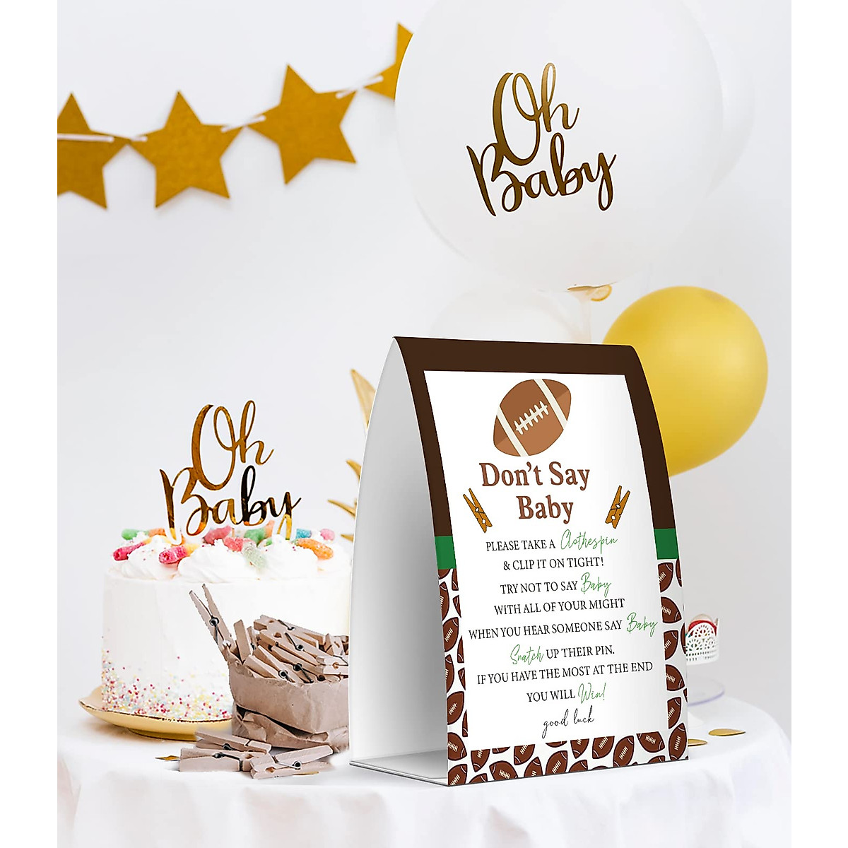 Don't Say Baby Set - One 5x7 Sign and 50 Mini Clothespins, Baby Shower Games, Baby Shower Decoration, Gender Neutral Baby Shower - MsJb031