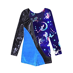 Loyan Kids Girls Metallic Printed Long Sleeve Dance Gymnastics Leotards Ballet Ballerina Unitard Biketards Athletic Bodysuit Light Blue 6 Years