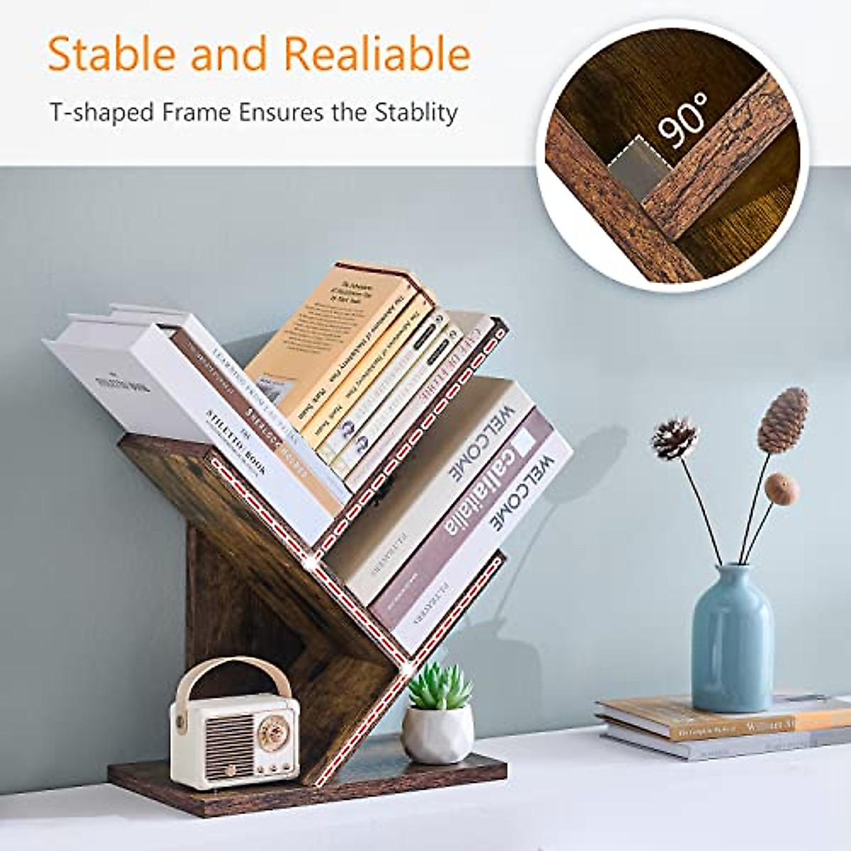 Tajsoon Tree Bookshelf 3 Tier Book Storage Organizer Shelves, Desktop Bookshelf Floor Standing Bookcase Display for CDs/Magazine/Books, Small Bookshelf for Bedroom, Living Room&Office, Rustic Brown