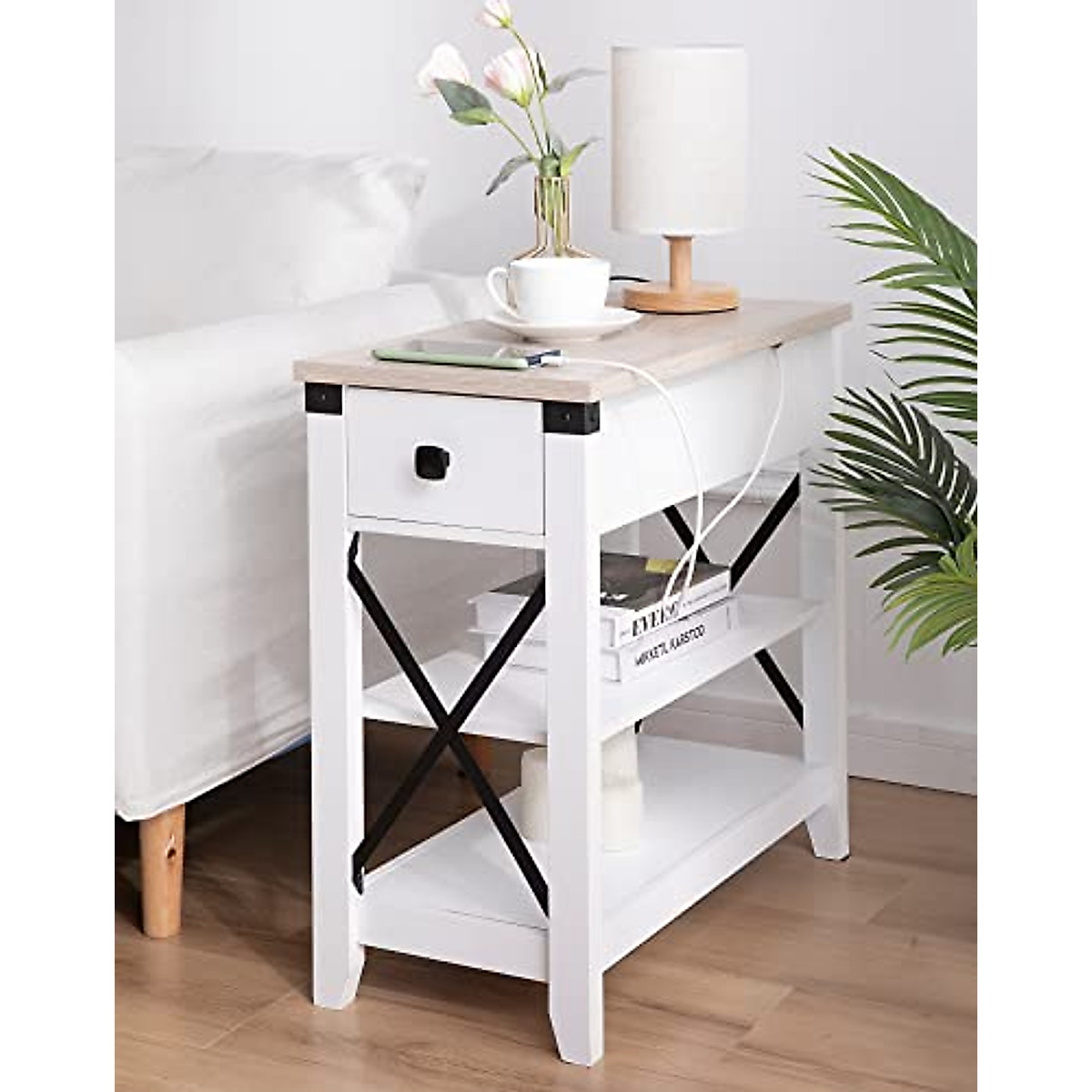 Awescuti Narrow End Table with Charging Station Farmhouse Slim Side Table with USB Ports and Power Outlets, Nightstand with Flip Top and Storage Drawer, for Small Spaces Living Room Bedroom, White