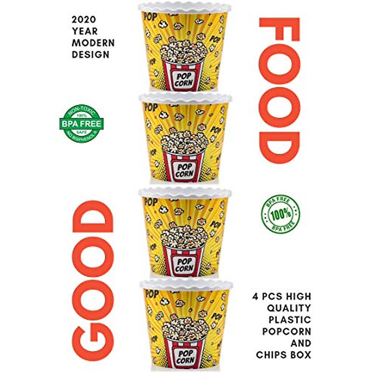 ONONEXPRESS Modern Style Reusable Plastic Popcorn Box/Popcorn Containers/Popcorn Bowls Set for Movie Theater Night - (BPA Free - YELLOW 4 Pack-75 oz)