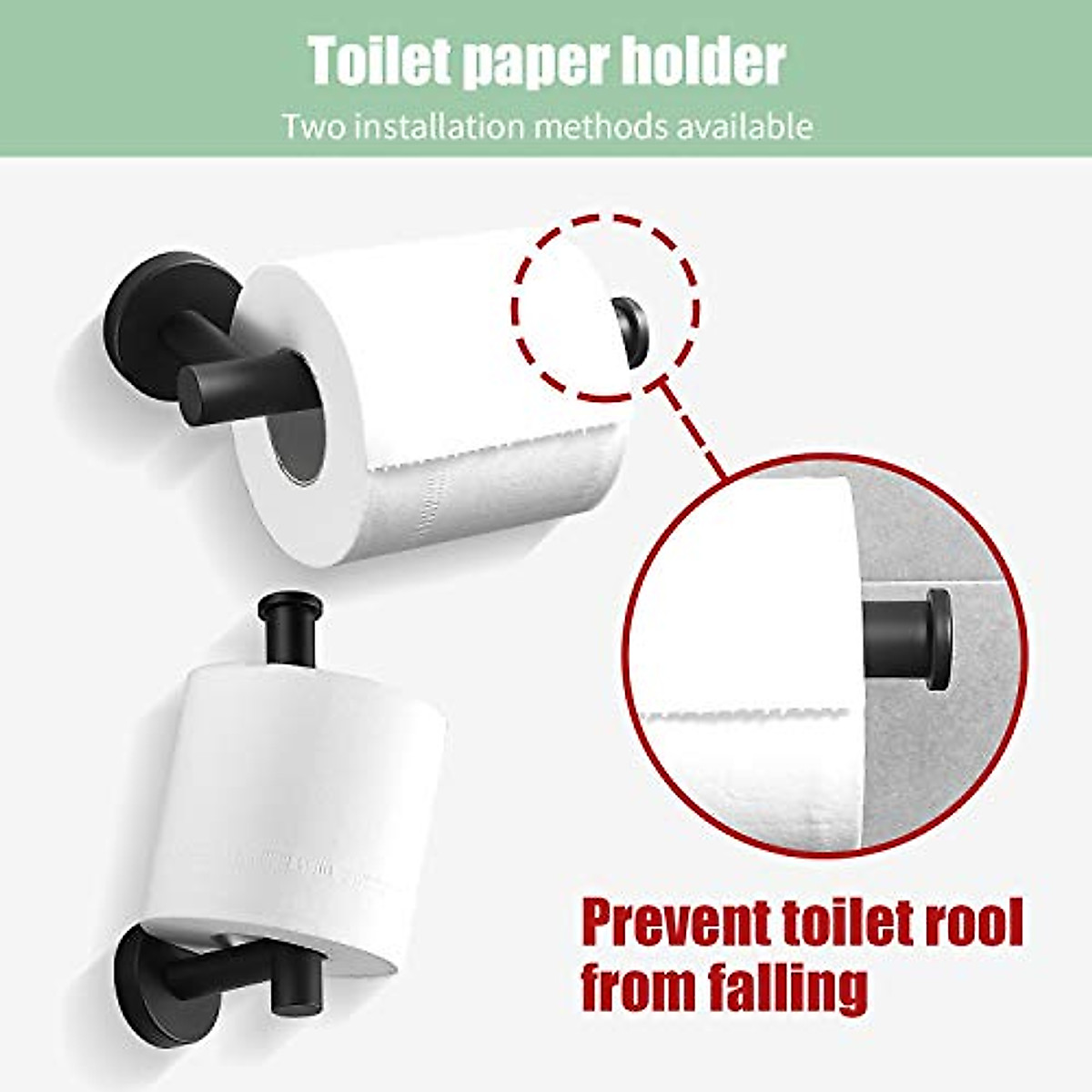 Sagetta 24 in Matte Black Bathroom Accessories Set 5-Piece, SUS304 Stainless Steel Bathroom Accessories Set Includes 24-inch Towel Bar Set,3 Robe Towel Hooks,Toilet Paper Holder (Matte Black)