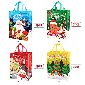 SULOLI 12 Pack Large Christmas Tote Bags with Handles, Reusable Gift Bag Non-Woven Grocery Shopping Totes for Holiday Xmas Party Supplies