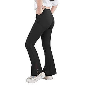 Teen Girls Bootcut Yoga Pants Kids Active Crossover Split Hem Flare Leggings with Pockets Black