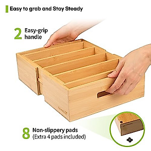 CLEANCLUE Expandable Kitchen Cabinet Organizer for Food Storage Container Lids, Bamboo Drawer Caddy Adjustable Dividers, Box for Kitchen Storage and Organization, Lids Organizer for Cabinet (Natural)