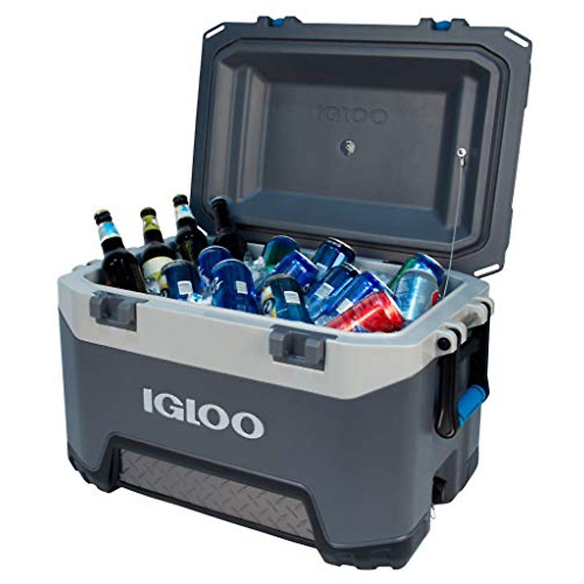 Igloo BMX 52 Quart Cooler with Cool Riser Technology, Fish Ruler, and Tie-Down Points - 16.34 Pounds - Carbonite Gray and Blue