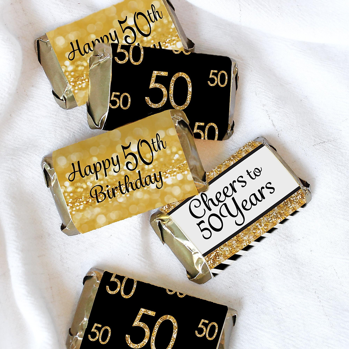 DISTINCTIVS Black and Gold 50th Birthday Party Mini Candy Bar Wrappers - 45 Stickers