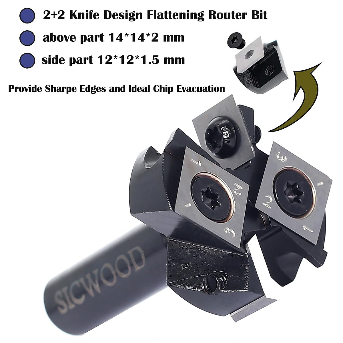 SICWOOD Slab Flattening Router Bits 1/2 Shank, 1-1/2”Cut Dia, 2+2 Insert Carbide, CNC Spoilboard Surfacing Router Bits, Planing Router Bits, for Flycutter/ Slab Leveler/ Rabbeting
