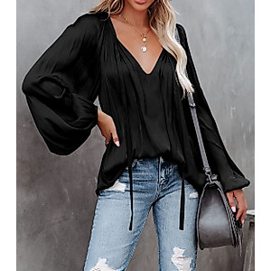 LAMISSCHE Womens Sexy Deep V Neck Blouse Lantern Long Sleeve Chiffon Shirt Oversized Drawstring Silk Satin Tunic(Black,L)