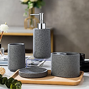 Artchirly 4 Piece Bath Accessory Set for Vanity Countertops,Grey Stone Color/Cement Grey Color Concrete,Made of Cement Luxury Ensemble Dish,Lotion Dispenser,Soap Dish,Tooth Mug,and Toothbrush Holder
