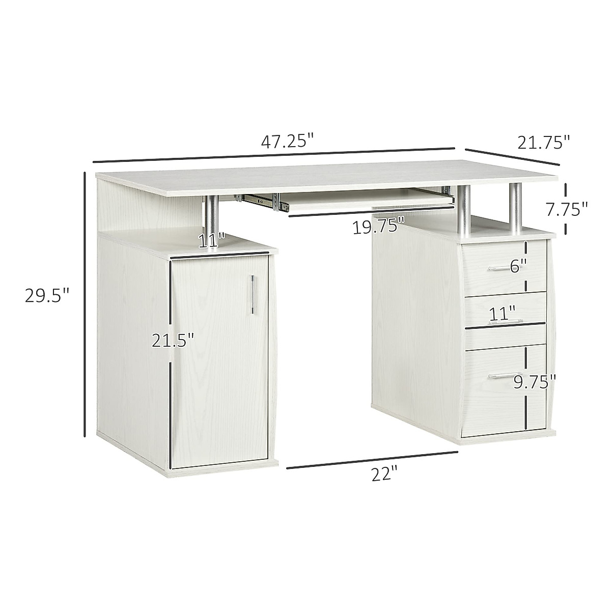 HOMCOM 47" Computer Desk with Keyboard Tray and Storage Drawers, Home Office Workstation Table with Storage Shelves, White Wood Grain