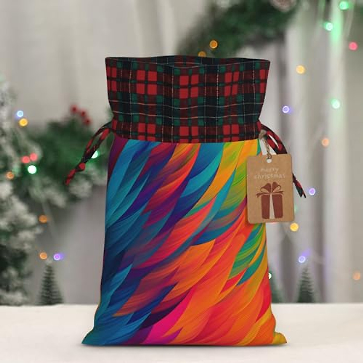 Christmas Gift Bags with Drawstring Burlap Gift Bags Abstract colors pattern Christmas Linen Bags for Xmas Party Candy Bags with Cards Xmas Reusable Wrapping Bags Christmas Linen Treat Bags for Holiday