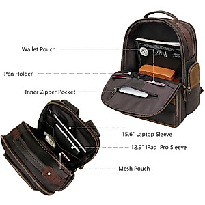 UBANT Leather Backpack for Men,15.6" Laptop Backpack Large Capacity Vintage Casual Travel Business Work Computer Bag Outdoor Weekend Daypacks (Dark Brown)