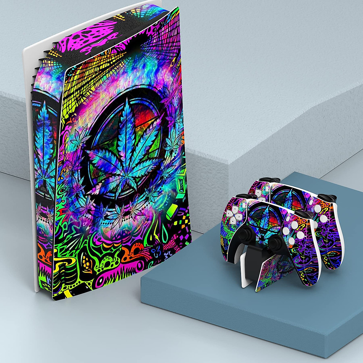 PlayVital Psychedelic Leaf Full Set Skin Decal for ps5 Console Digital Edition, Sticker Vinyl Decal Cover for ps5 Controller & Charging Station & Headset & Media Remote