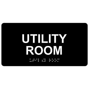 ComplianceSigns.com Utility Room Braille Sign, ADA-Compliant Braille and Raised Letters, 8x4 inch Black Acrylic with Adhesive Mounting Strips