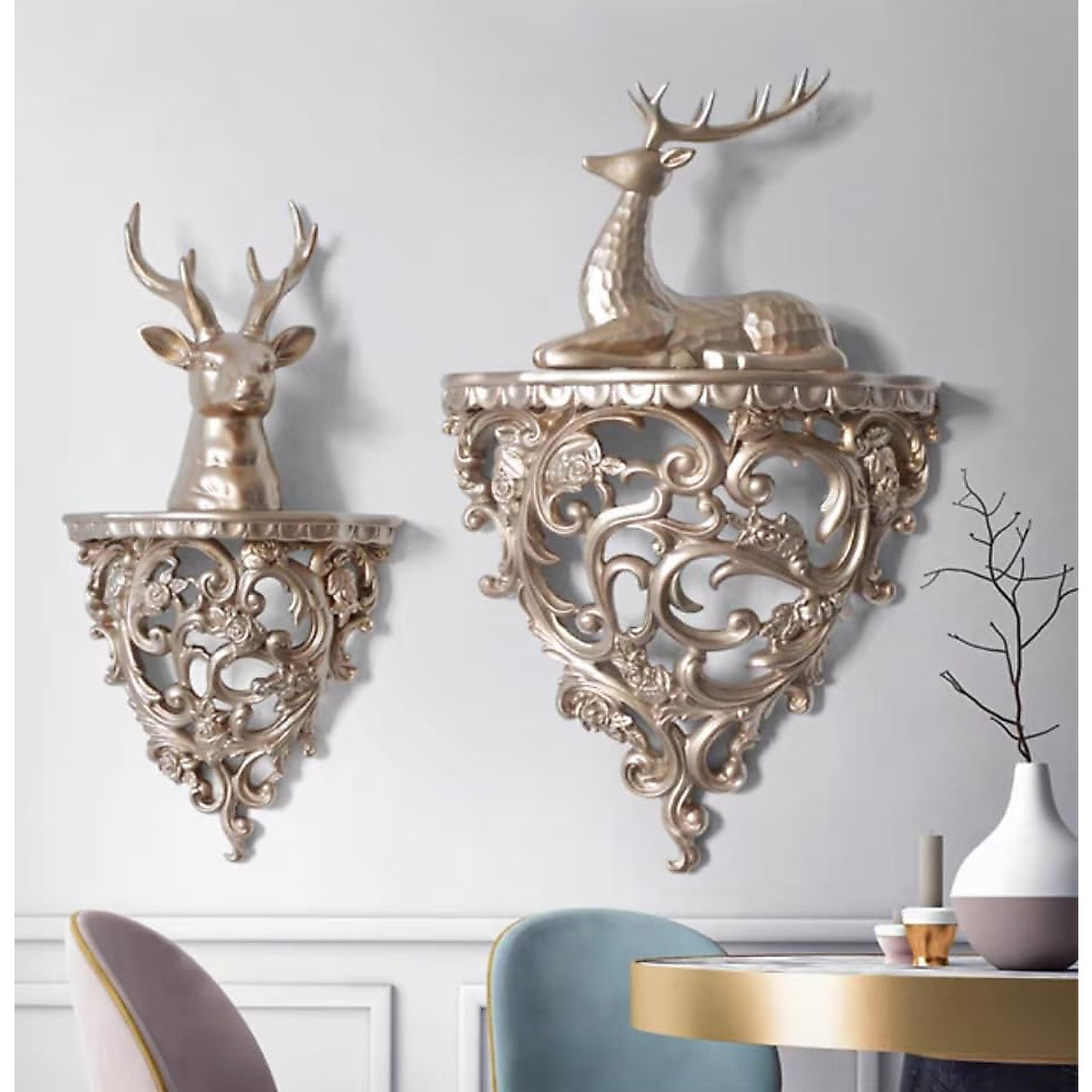 OKJHFD Floating Shelves Wall Hanging Shelves Storage Racks European Style Installation Baroque Style Hollow Decoration Shelves Unique Art Elements Home Living Room Decorations