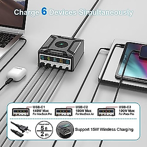 260W USB C GaN Charger, Ubigbuy 140W 5-Port PD3.1 USB C Charging Station,Desktop Wireless USB C Laptop Charger Portable Travel USB C Power Adapter Block for MacBook Pro Air iPad Pro iPhone Samsung