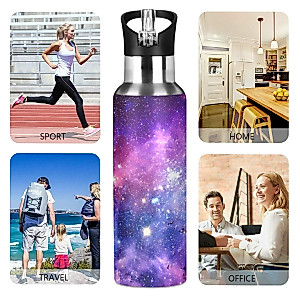 Moudou Purple Galaxy Water Bottle with Straw Lid Double Wall Vacuum Insulated Stainless Steel Sport Water Bottle 20 oz