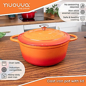 Cast Iron Dutch Oven with Lid – Non-Stick Ovenproof, Enamelled Casserole Pot –Oven Safe up to 500° F Sturdy Dutch Oven for Bread Baking – Orange, 6.4-Quart, 28cm – by Nuovva