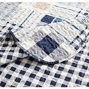 Brilliant Sunshine Plaids and Stripes Quilt Set, 2-Piece Bedding Sets with 1 Sham, Patchwork Design, Washable and Reversible Bedspread, Soft Lightweight Coverlet, All-Season, Twin/Twin XL, Blue