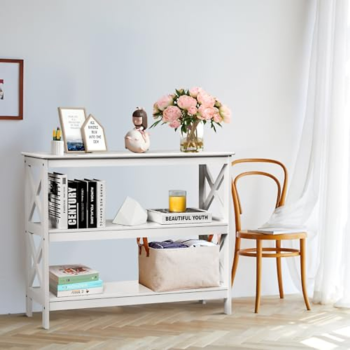 Giantex 3-Tier Narrow Console Table, Rustic Sofa Table with Storage Shelf, X-Design Bookshelf, Skinny Foyer Table, Behind Couch Table, Entryway Table for Hallway Living Room, Entry Table, White