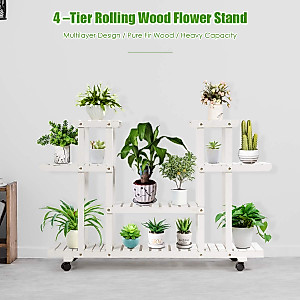 S AFSTAR Wooden Flower Rack with Wheels, 4-Tier Plant Stand, Multifunctional Bonsai Display Shelf for Living Room Balcony Patio Yard (White)