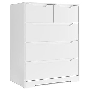 HOSTACK Modern 5 Drawer Dresser, Chest of Drawers with Storage, Wood Clothing Organizer with Cut-Out Handles, Accent Storage Cabinet for Living Room, Bedroom, Hallway, White